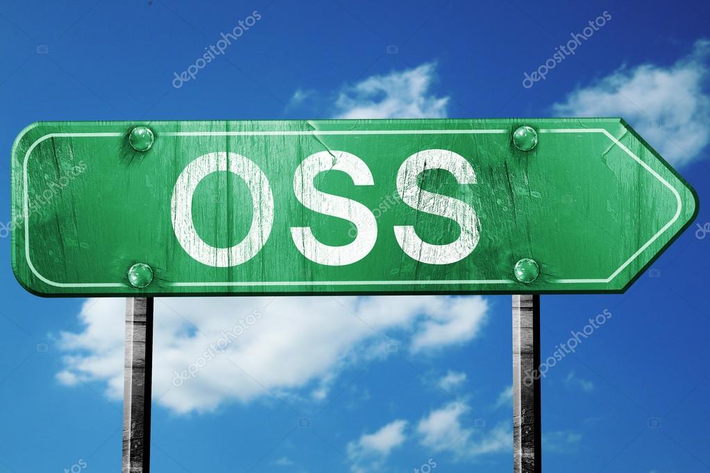 Oss road sign, vintage green with clouds background — Stock Photo ...