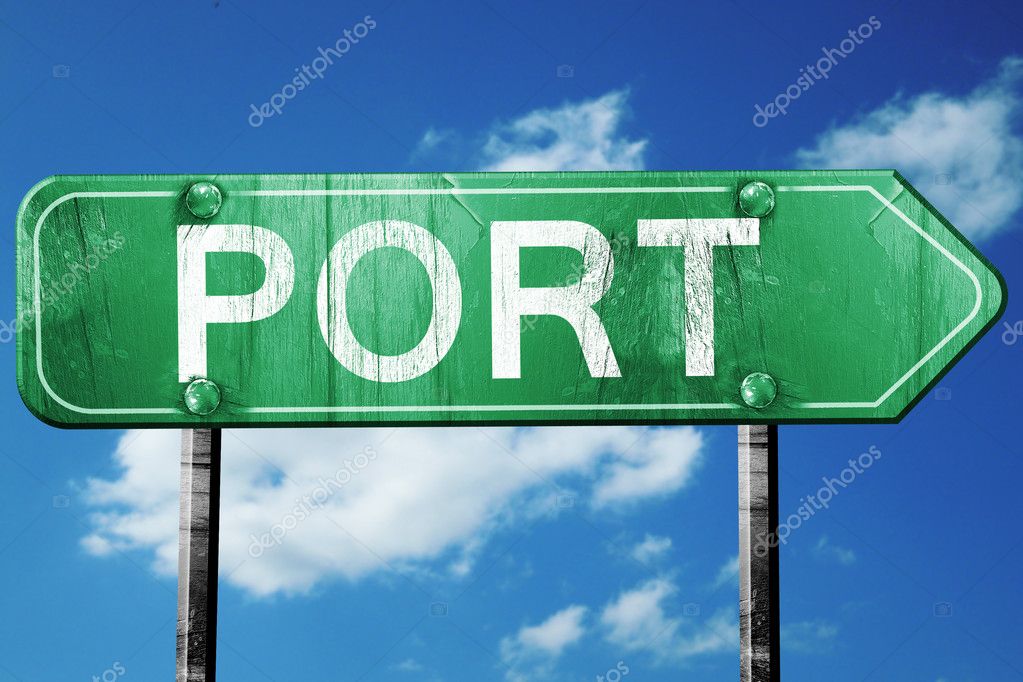 Port road sign, vintage green with clouds background — Stock Photo ...