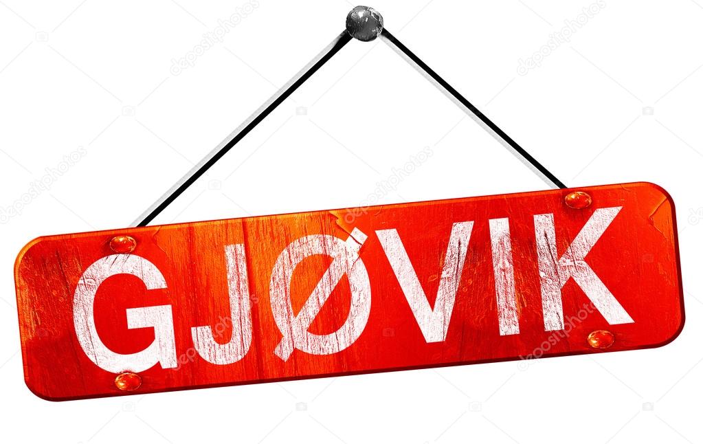 Gjovik, representación 3D, un cartel colgante rojo 2023
