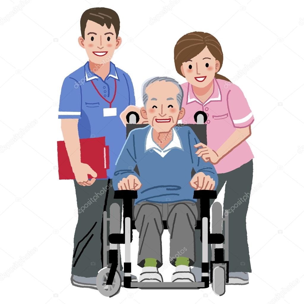 Portraits of happy elderly man in wheelchair and his nurses Stock ...