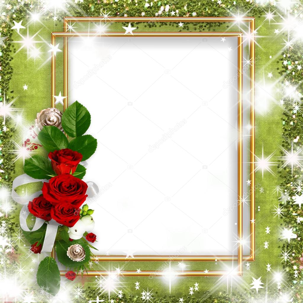 Beautiful card with roses, a gold framework for your work. — Stock ...