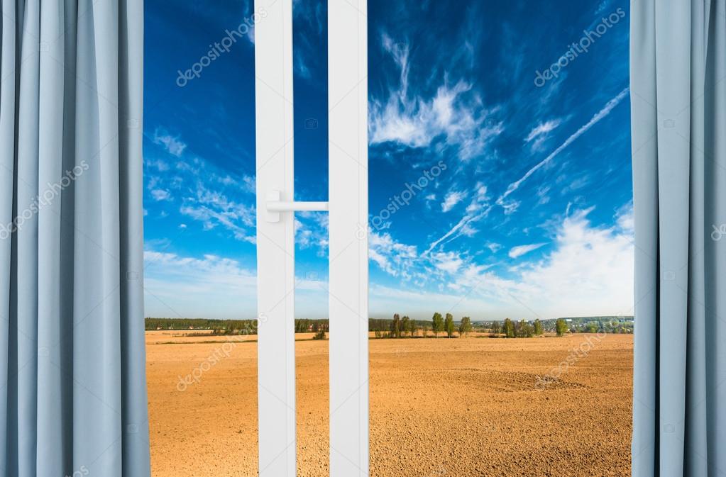 Nature landscape with window with curtains Stock Photo by ©db-rus 109170076