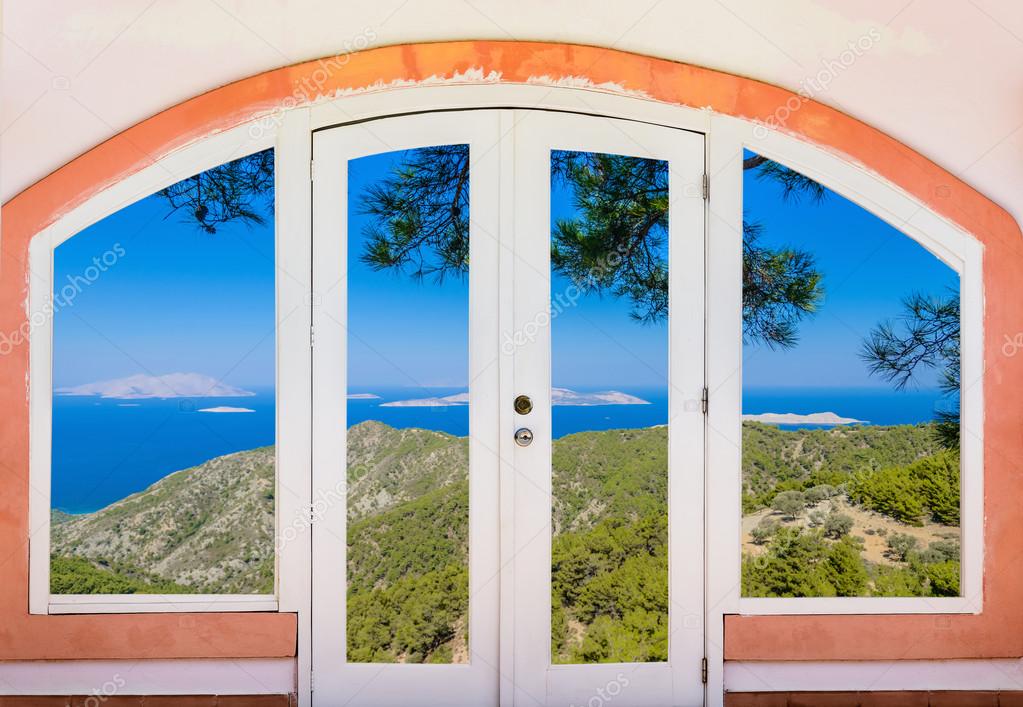 Landscape with a view through a window with curtains — Stock Photo © db ...