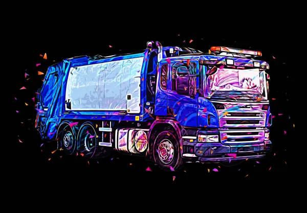 Garbage truck with trash can lift arm. Horizontal. Art illustration ...