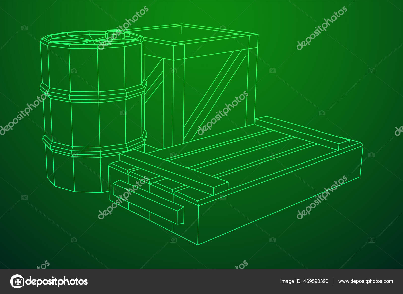 Supplies cargo concept. Pile boxes and barrels. Wireframe low poly mesh ...