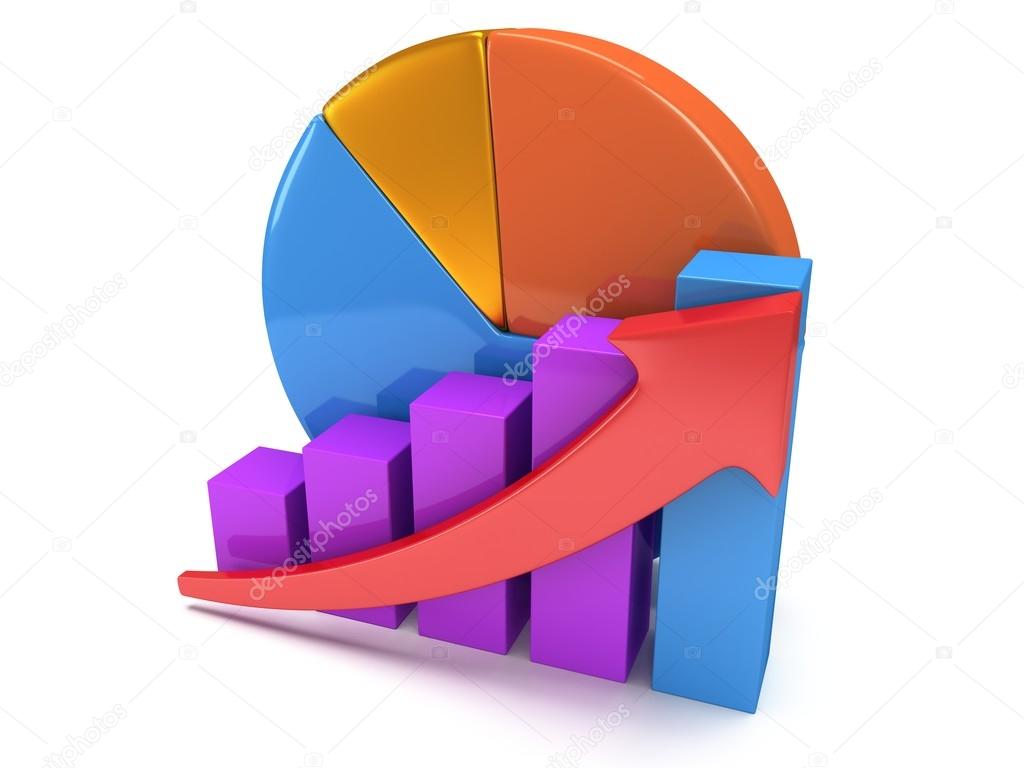Bar graph with red arrow and pie chart Stock Photo by ©newb1 52783459