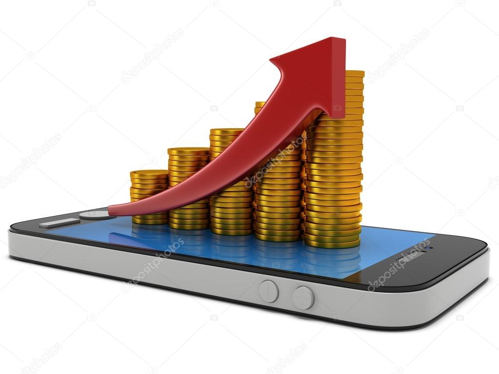 Gold coins bar graph on smartphone Stock Photo by ©newb1 79306768