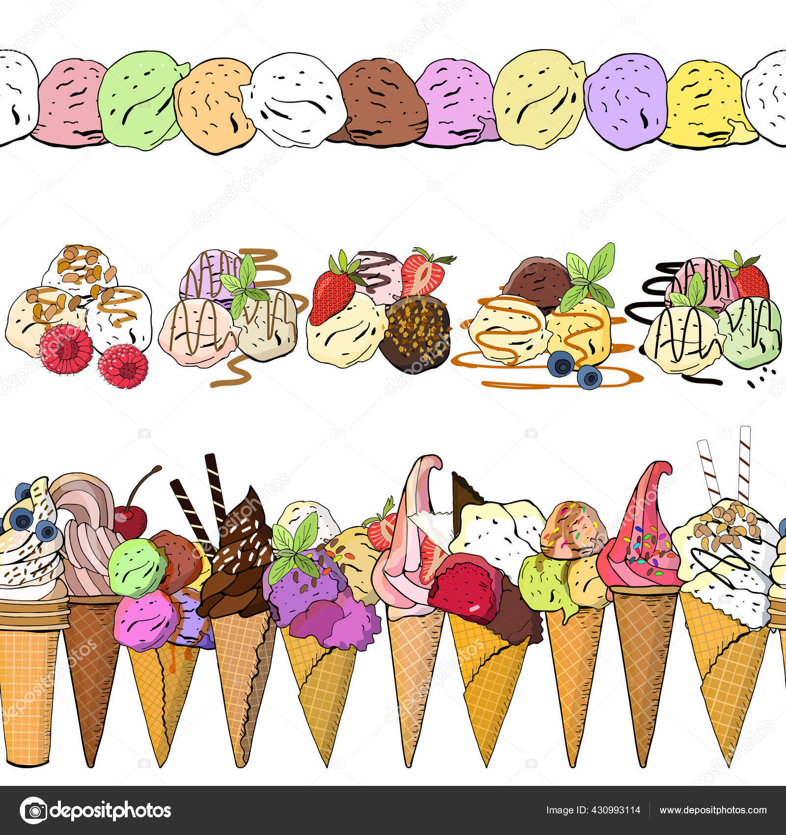 Seamless Horizontal Patterns Various Icecream Vector Illustration Hand ...