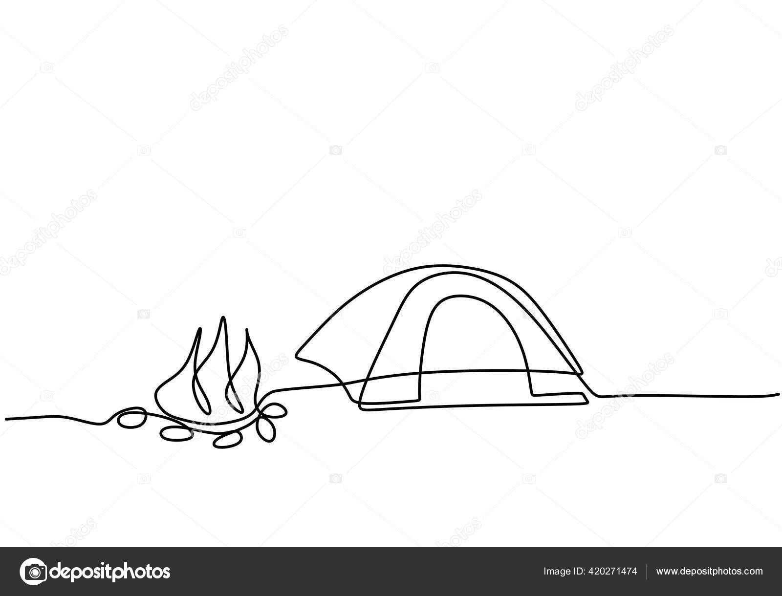 Continuous Single Line Drawing Lonely Tent Mountains Campfire Isolated ...