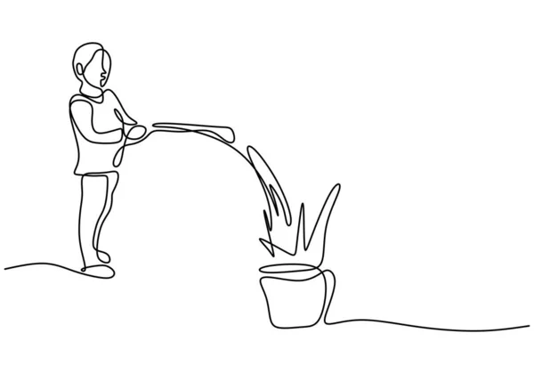 One Continuous Line Drawing Man Watering Flowers Garden Summer Sunny