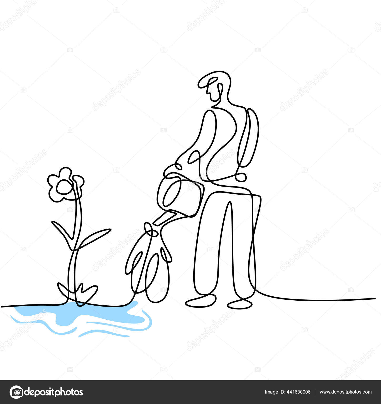 One Continuous Line Drawing Man Watering Flowers Garden Summer Sunny