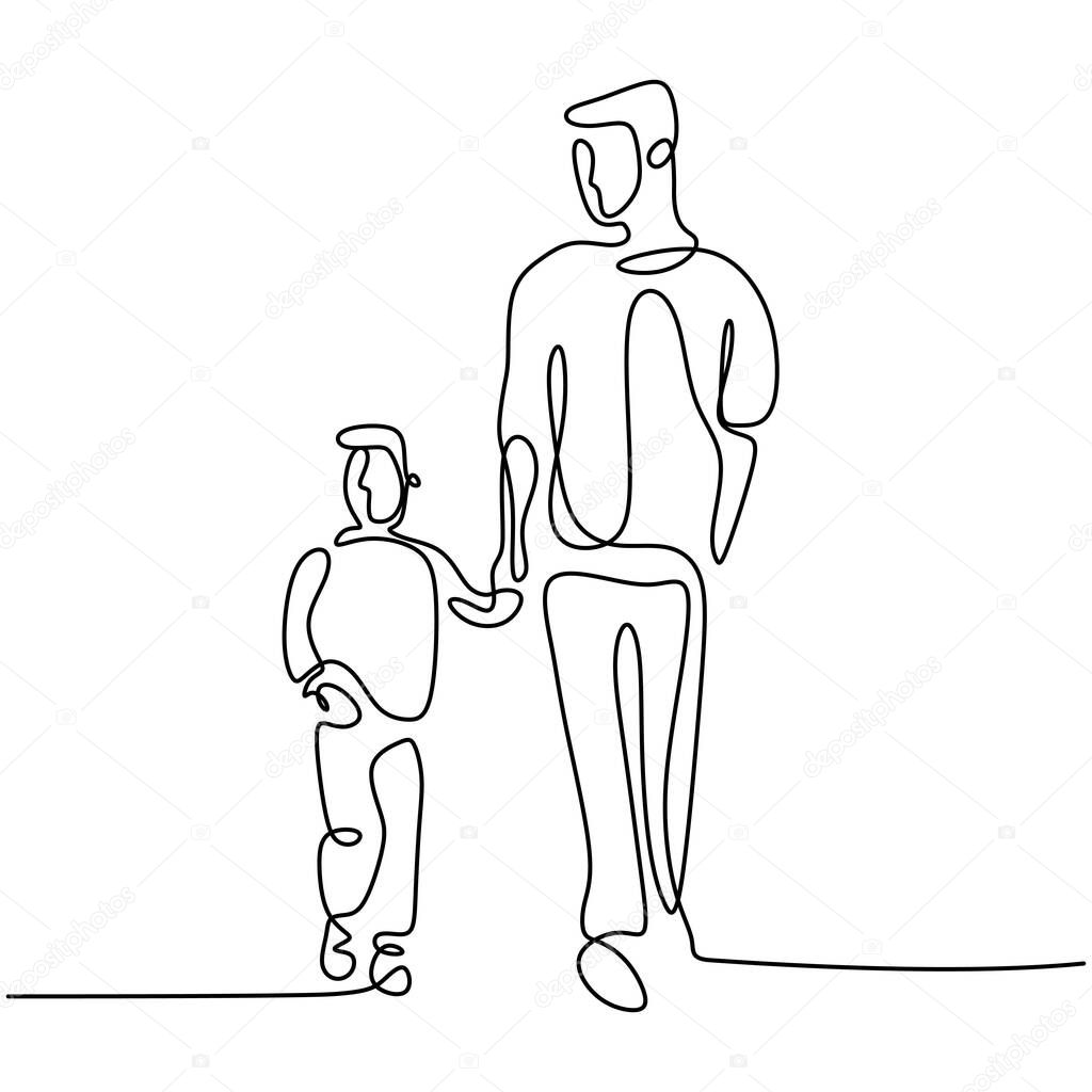 Una línea de dibujo de padre e hijo. Papi joven sosteniendo a su hijo y ...