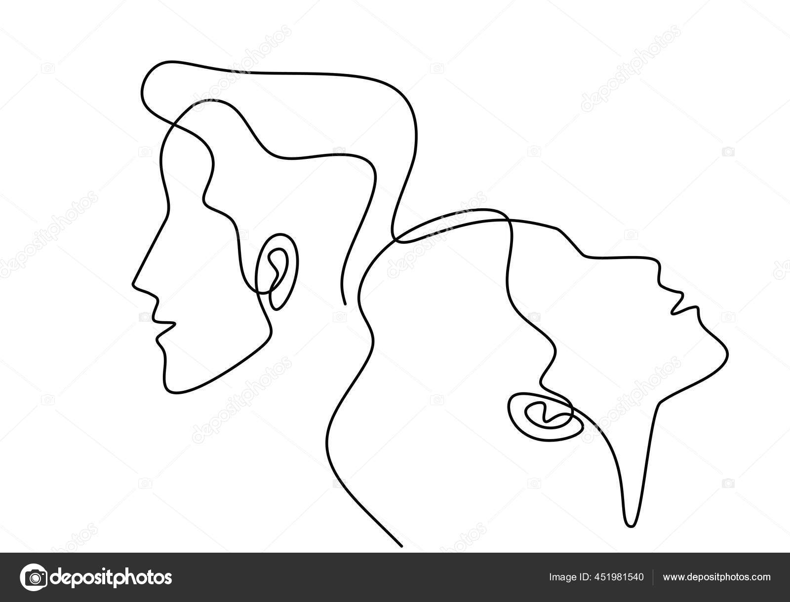 Continuous One Line Drawing Man Woman Heads White Background Young ...