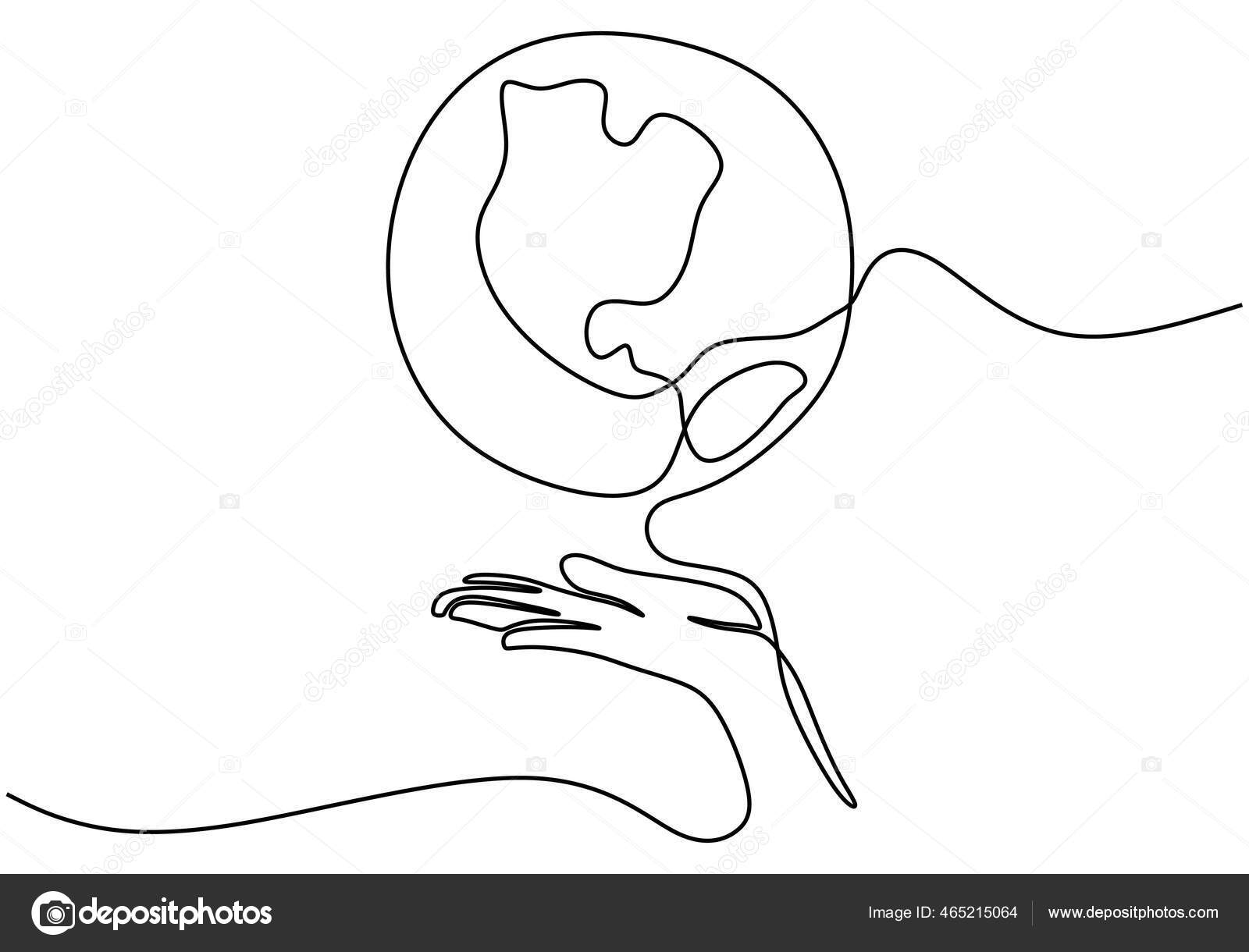 Disegno Continuo Una Linea Mani Che Tengono Globo Terrestre Isolato ...
