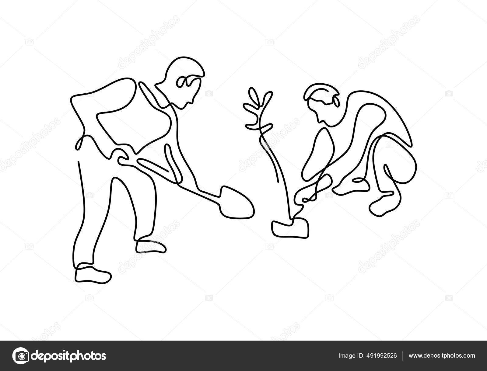 Una Sola Línea Dibuja Dos Hombres Excavando Tierra Usando Una Vector de ...