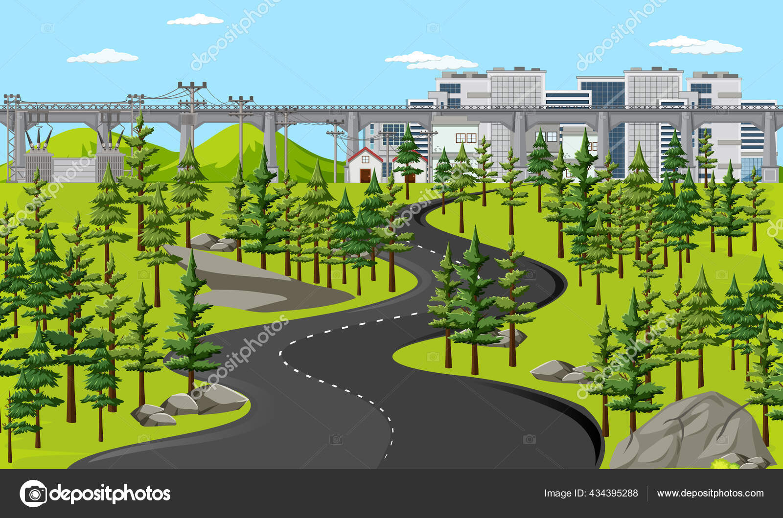 Long Road Nature Landscape Scene Illustration Stock Illustration by ...