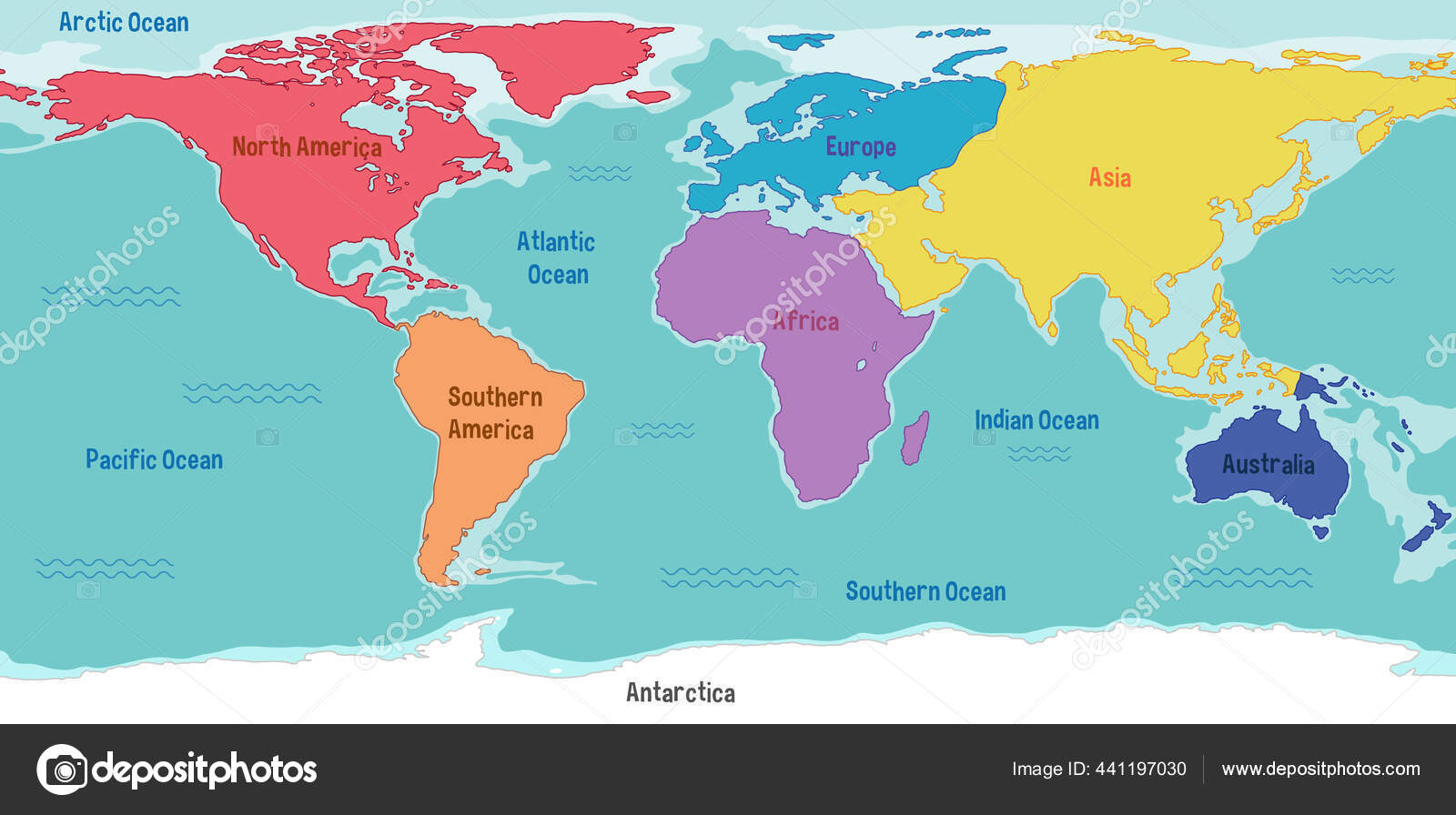 World Map Continents Names Oceans Illustration Stock Vector by ...