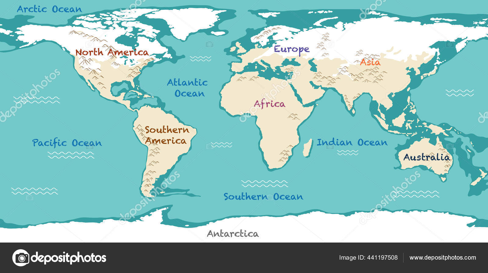 Carte Monde Avec Les Noms Des Continents Des Océans Illustration image ...