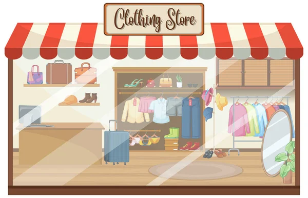 Clothing store building and interior with products on shelves. Stock ...
