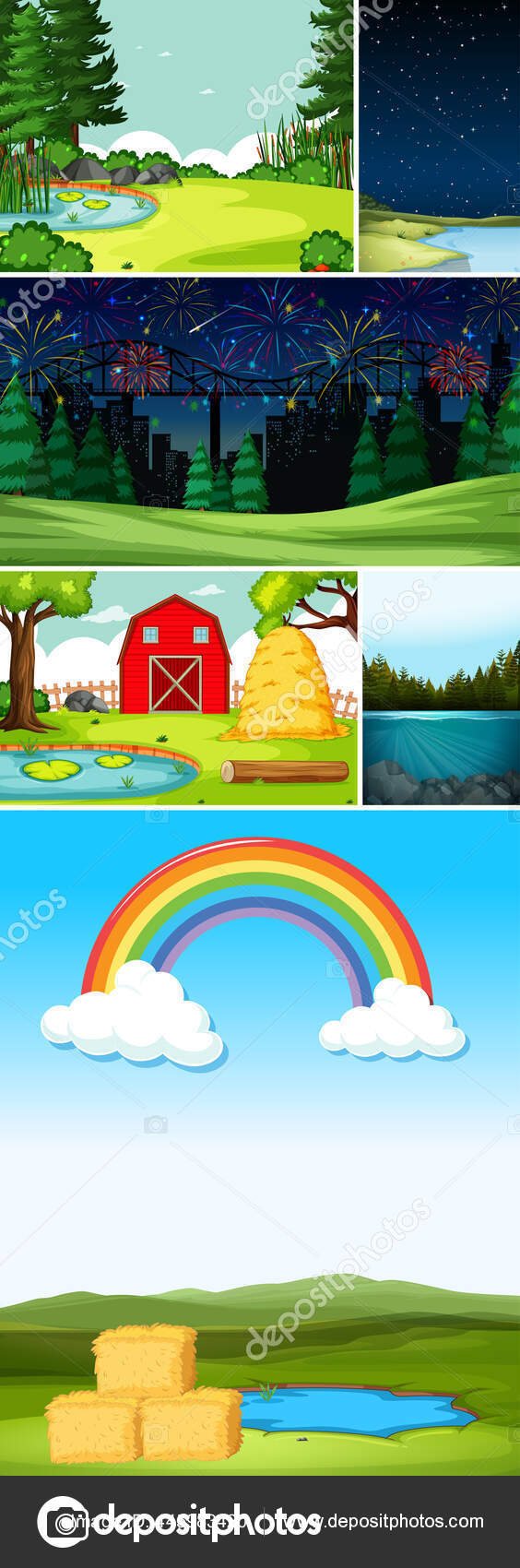 Six Different Scenes Nature Setting Cartoon Style Illustration Stock ...