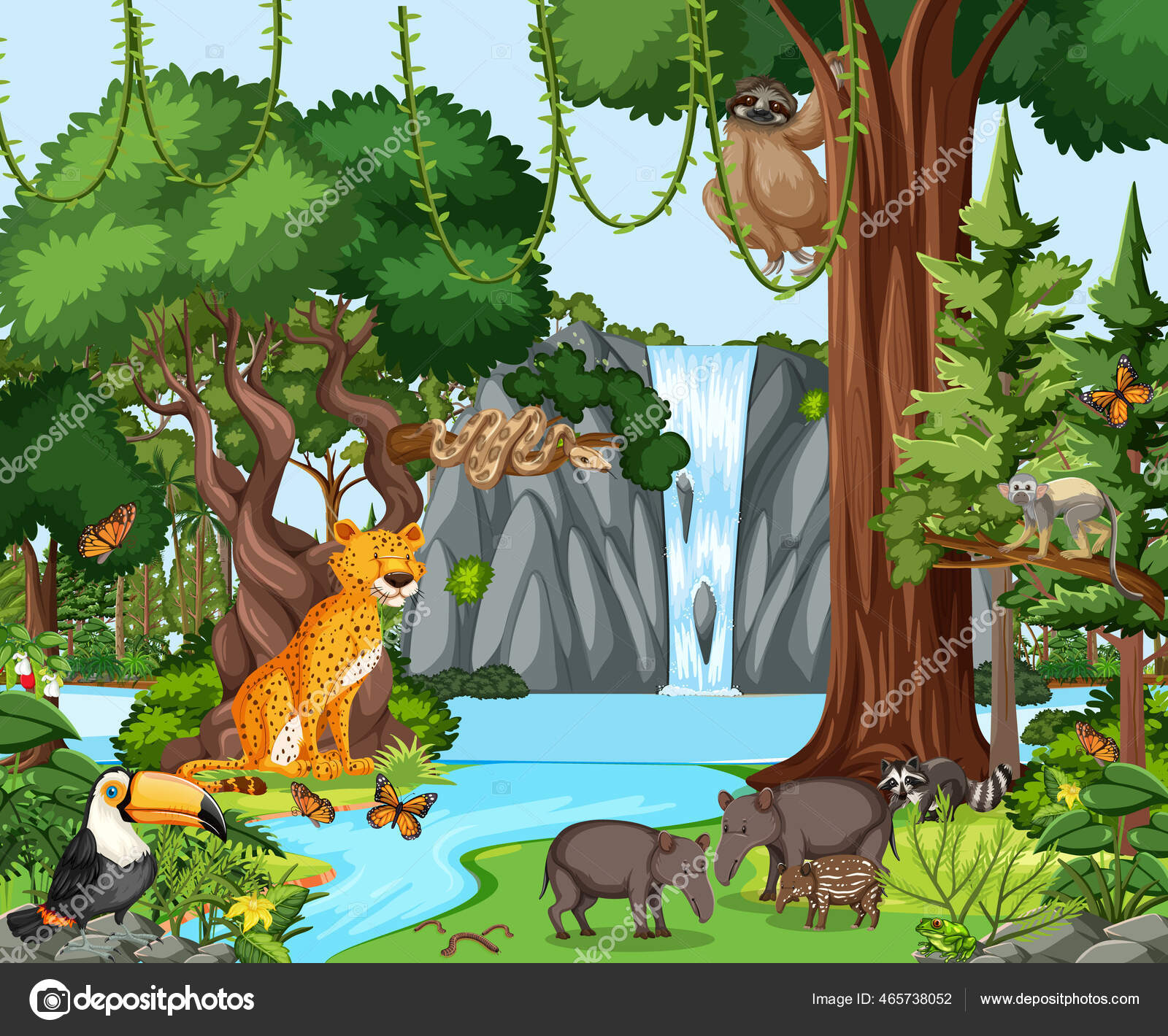 Dibujo Animado De Bosque Tropical Bosque En Escena Diurna Con Varias