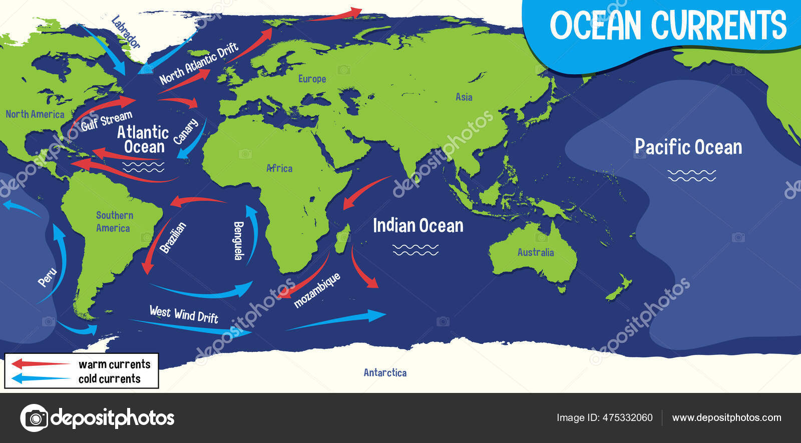 Corrientes Oceánicas Mapa Mundial Ilustración Fondo Vector de stock ...