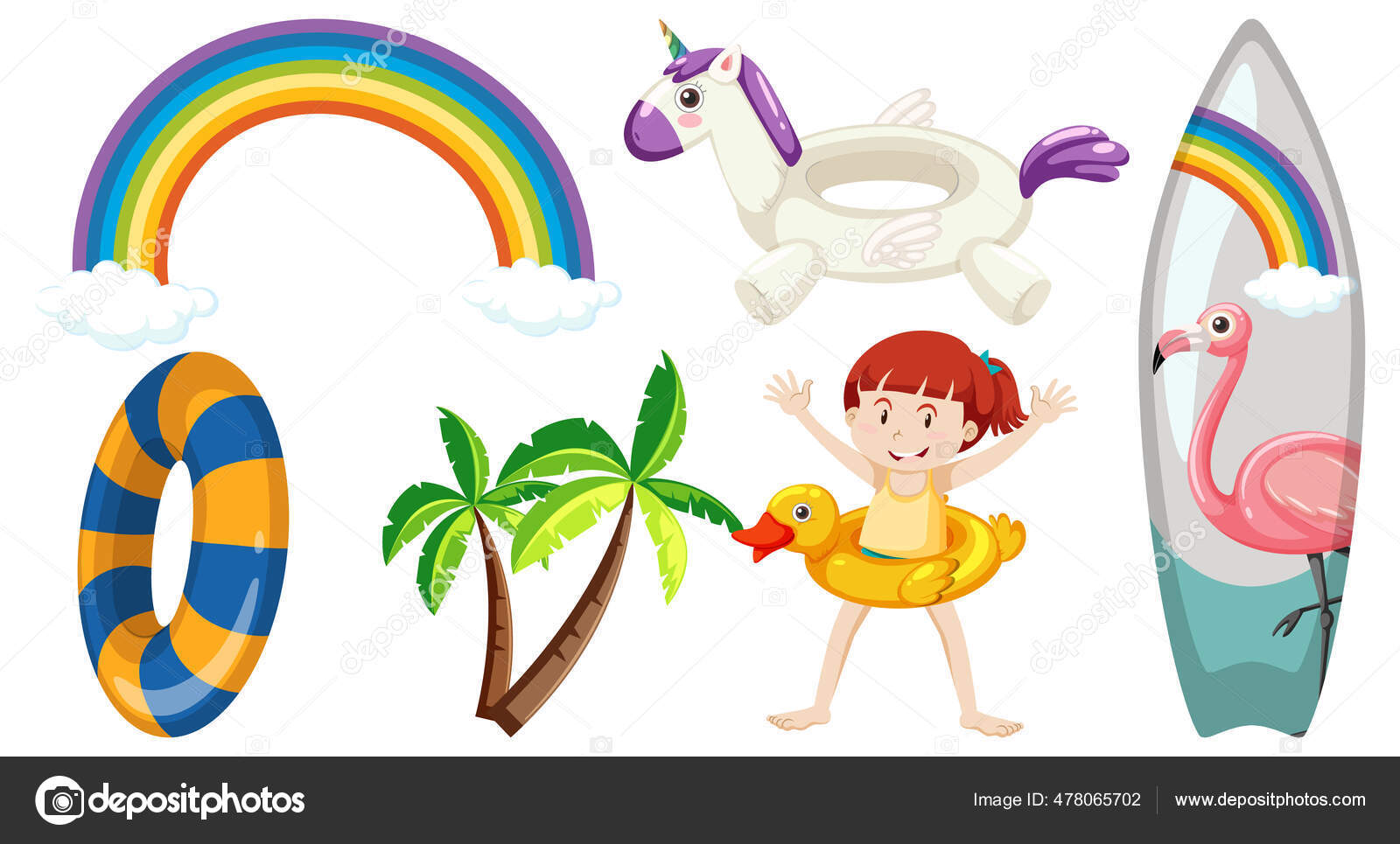 Set Summer Beach Items Cartoon Style Isolated White Background ...