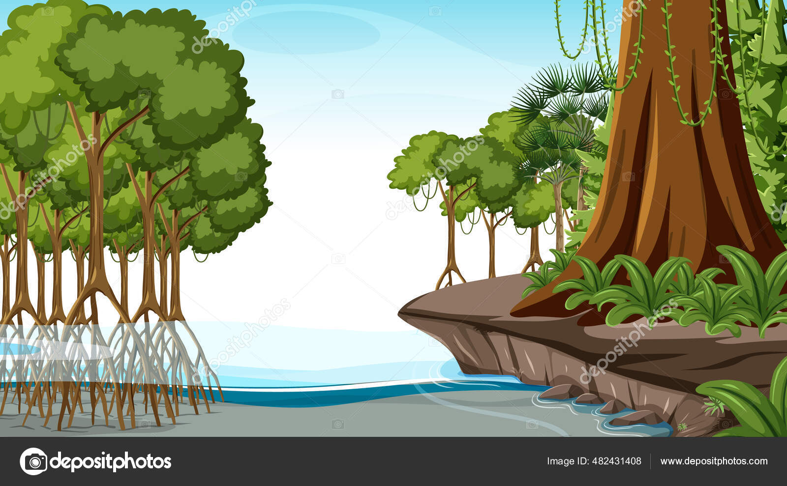 Escena Naturaleza Con Bosque Manglares Durante Día Ilustración Estilo ...