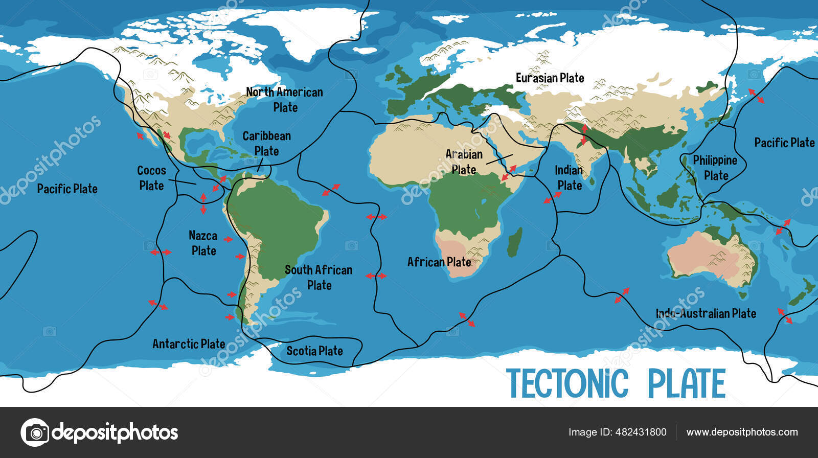 Carte Monde Montrant L'illustration Des Limites Des Plaques Tectoniques ...