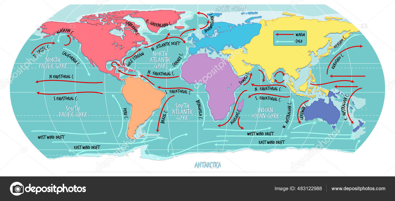 Mapa Del Mundo Actual Oceánico Con Ilustración Nombres vector, gráfico ...
