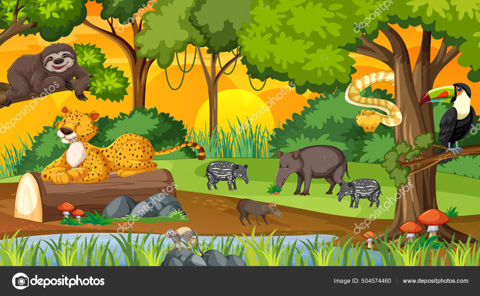Bosque Atardecer Paisaje Escena Con Diferentes Animales Salvajes ...