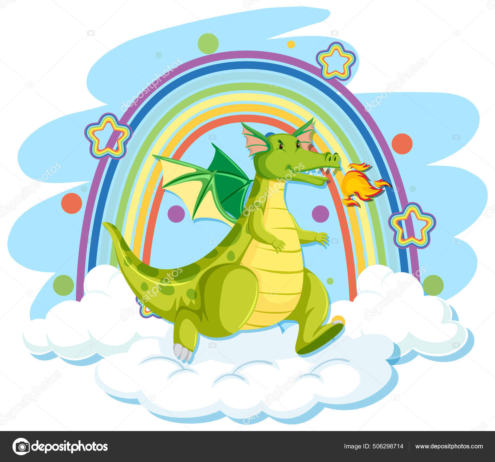 Lindo Dragón Verde Nube Con Ilustración Arco Iris Vector de stock por ©blueringmedia 506298714