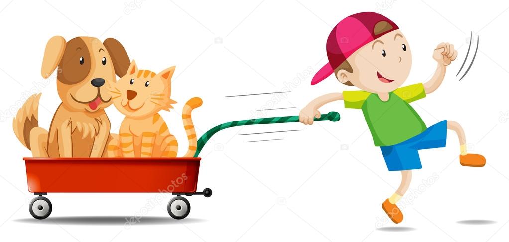 Image vectorielle Garçon tirant chariot avec chien et chat dessus par ...
