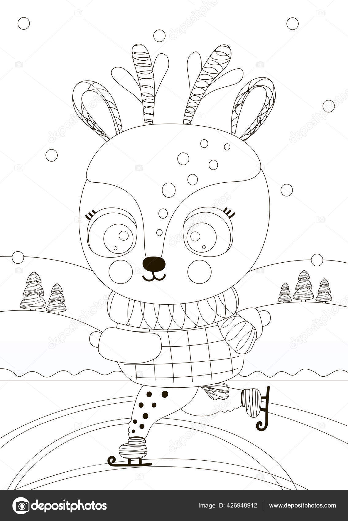Página Para Colorear Con Contorno Lindo Ciervo Blanco Negro Rodando ...
