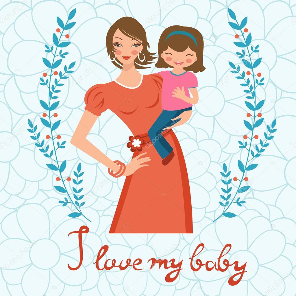 Amo a mi bebé. Concepto de tarjeta con hermosa madre joven sosteniendo ...