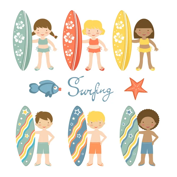 Cute little girl surfing — Stock Vector © Japanez #84775900