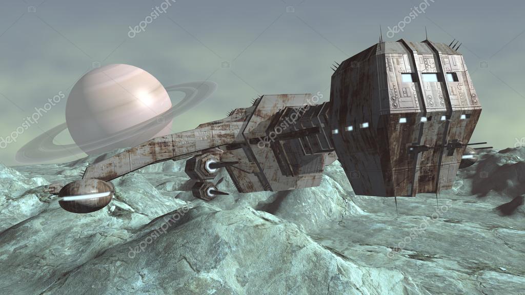 Spaceship travelling over alien planet Stock Photo by ©fredmantel 86536722