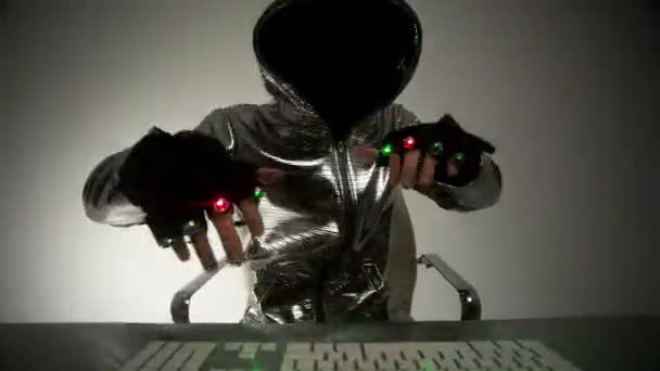 Computer hacker in silver jacket — Stock Video © dubassy #434314600