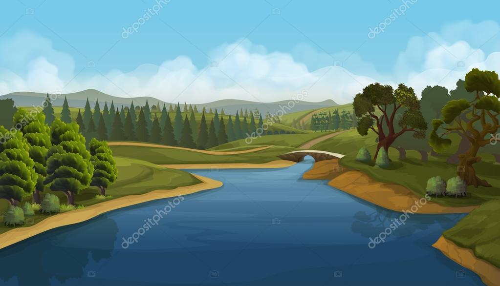 Nature landscape, river, vector background Stock Vector Image by ...
