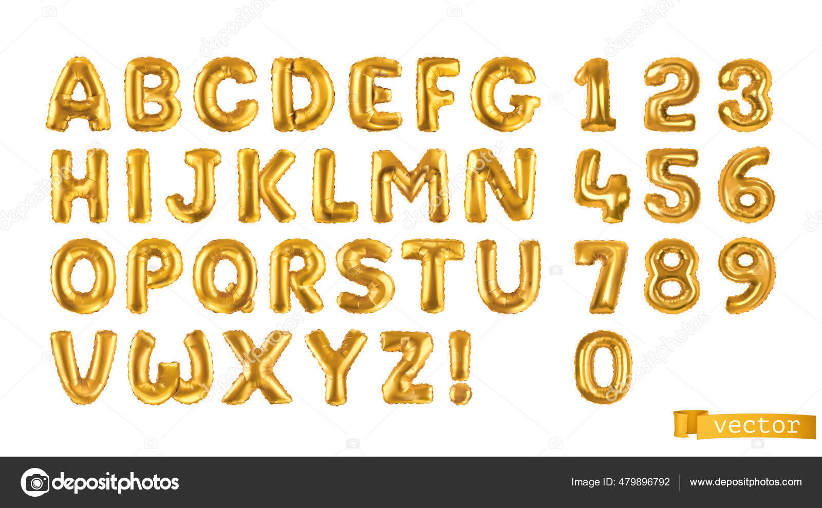 Gold Balloons Alphabet Letters Numbers Vector Realistic Symbols Festive ...