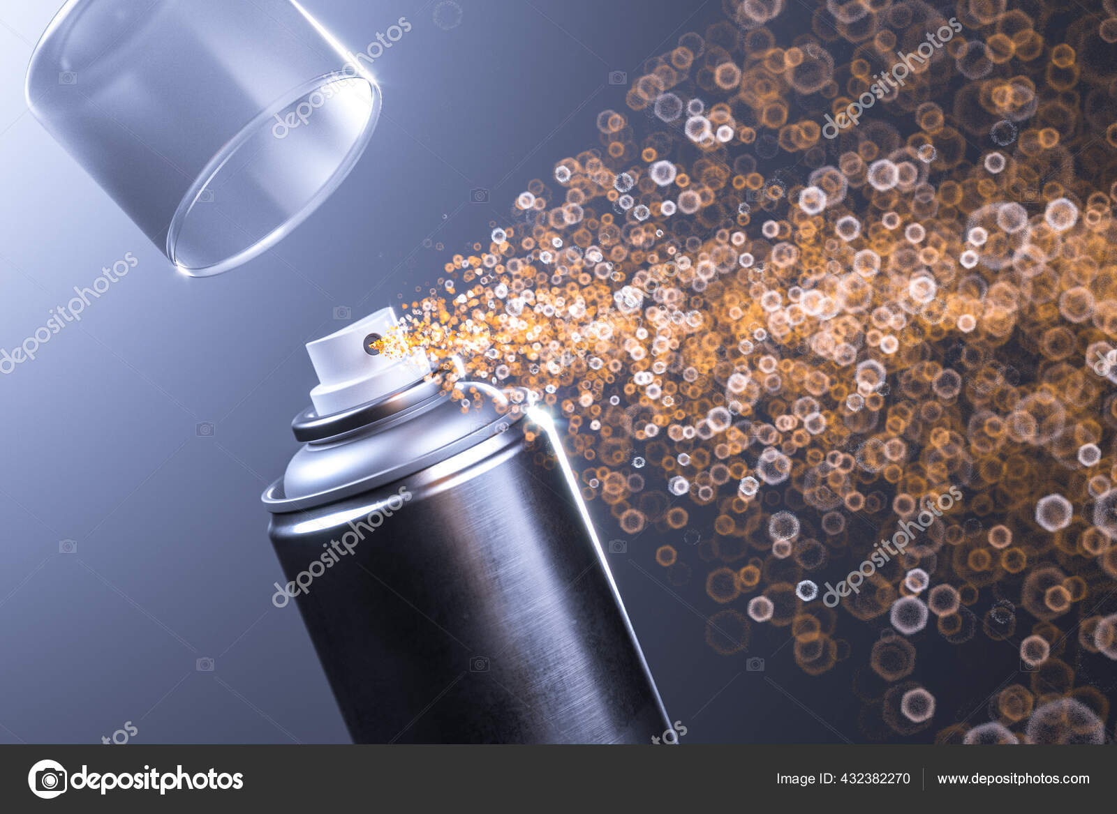 Black Aerosol Paint Can With Empty Space Spraying Golden Sparks On Blue ...