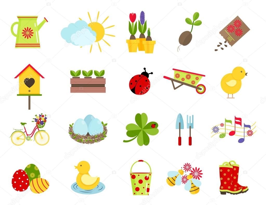 Frühling-Symbole. flache Satz — Stockvektor #62770303