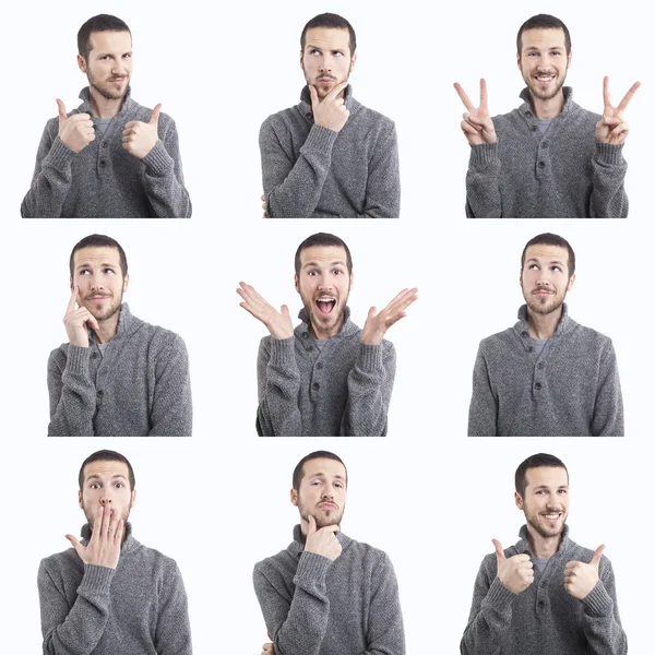 Young man funny face expressions composite isolated on white background ...