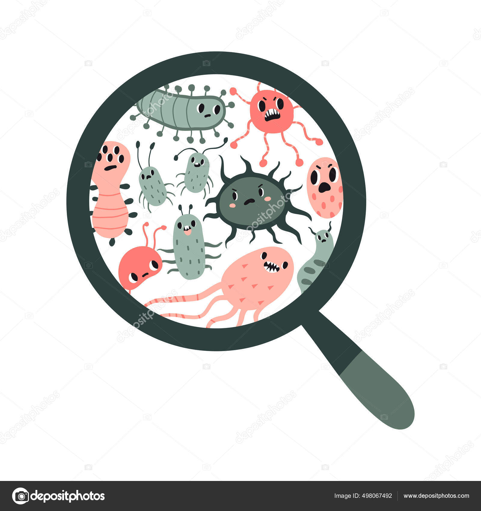 Niedliche Mikrobe Zeichen Durch Die Lupe Kawaii Infektion Bakterien ...