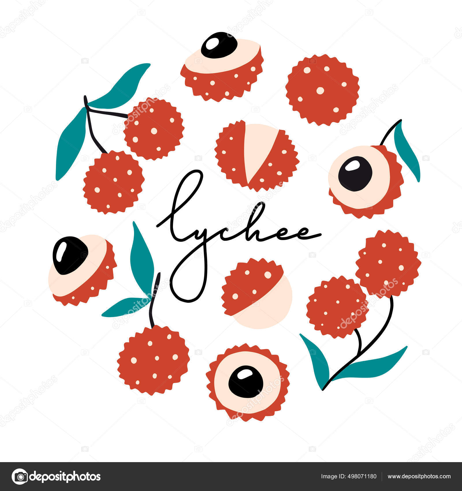 Doodle Lychee Vector Set Lettering Hand Drawn Abstract Tropical Flat ...