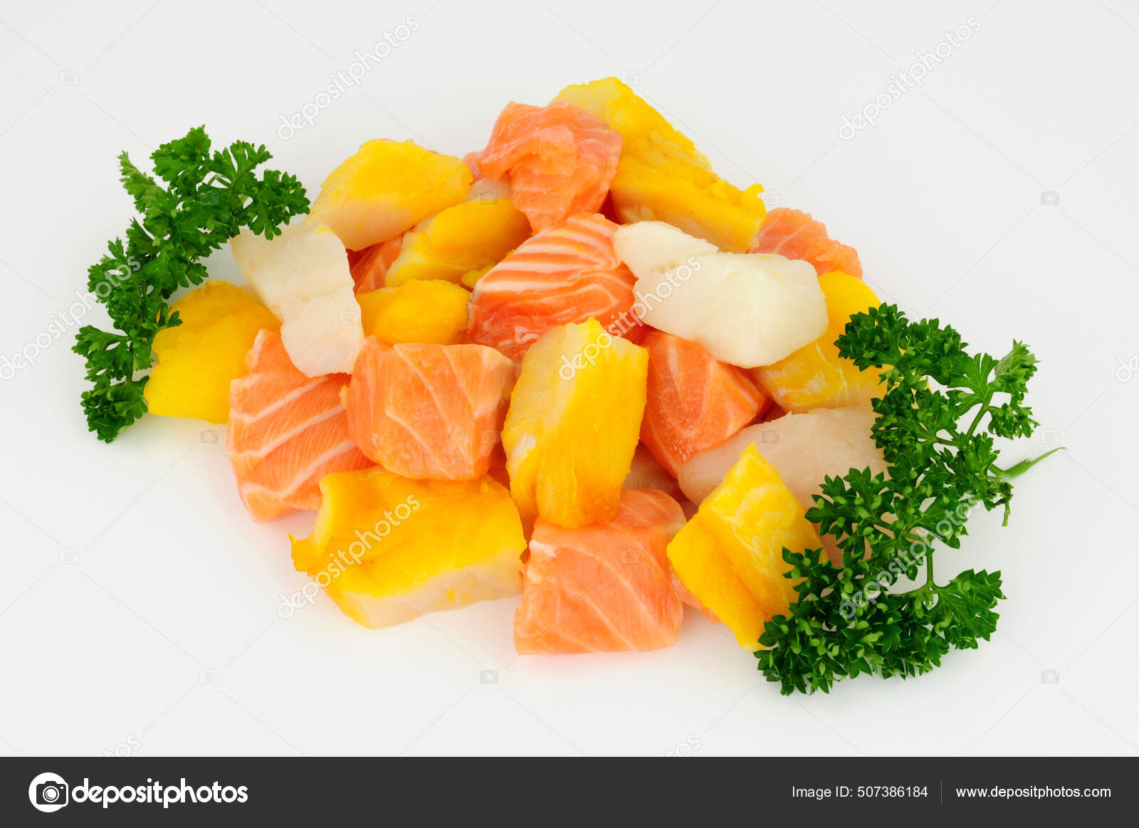 Mixed Group Fresh Raw Salmon Cod Smoked Haddock Chunks Prepared Stock ...