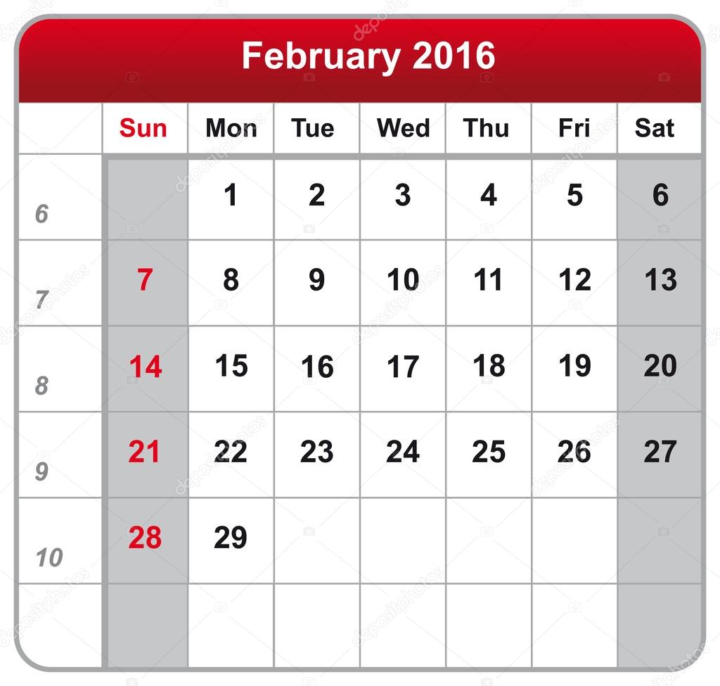 Hoja de calendario Febrero 2016 Vector de stock #83712526 de ©w20er