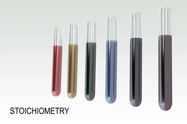 Ilustración 3D del guion STOICHIOMETRY debajo de seis tubos de ensayo ...