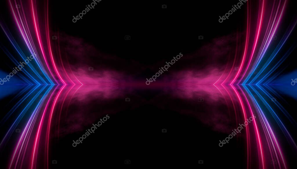 Fondo futurista de neón abstracto. Distorsión de los rayos de luz ...