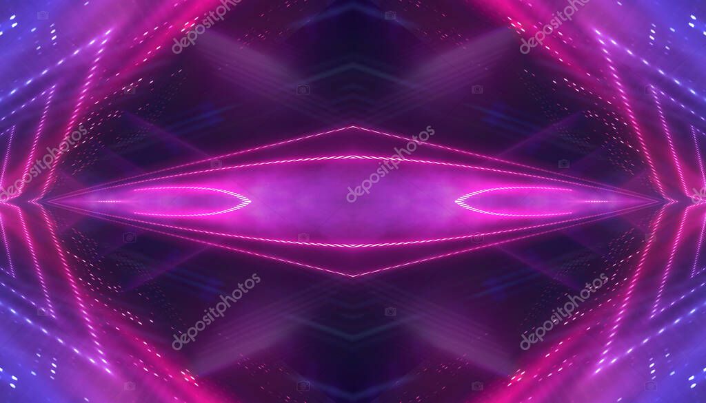 Fondo futurista de neón abstracto. Distorsión de los rayos de luz ...